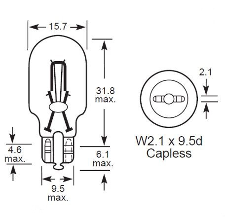 WEDGE T15 W16W: Wedge T15 base bulbs with W2.1 x 9.5d capless base and ...